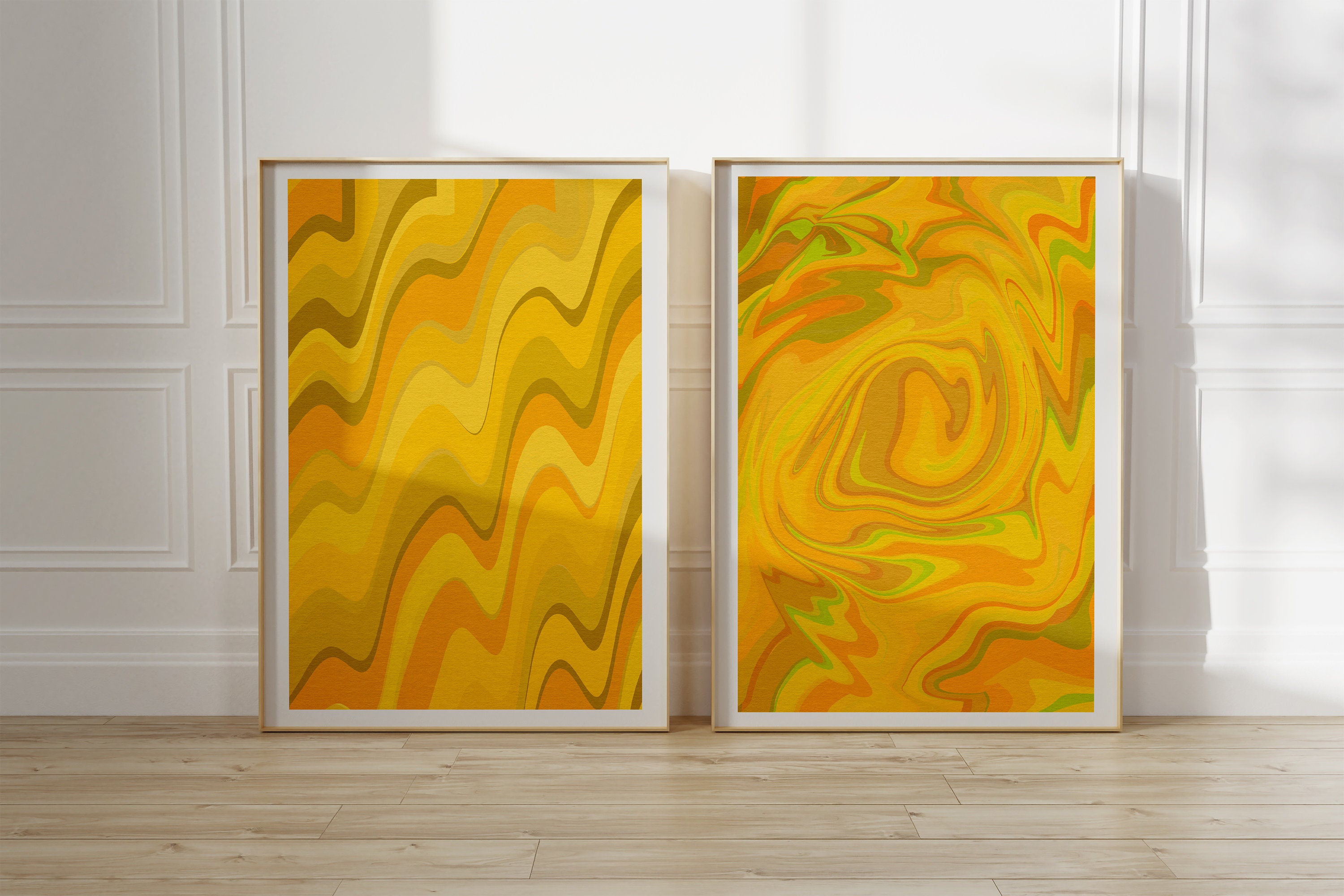 Groovy Wall Art Set, Trippy Yellow Art, Psychedelic Art, 70s Poster Set ...