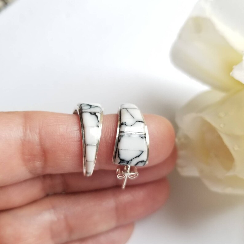 Sterling Silver Hoops. Inlay White Hoops/small Hoop - Etsy
