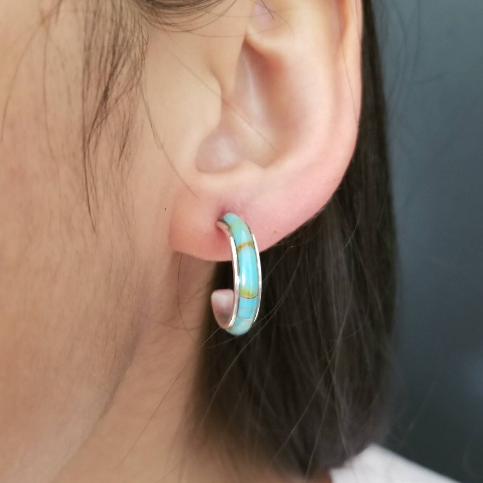 Sterling Silver Hoops. Inlay Turquoise Hoops/small Hoop Earrings/southwestern Hoops/sterling ...