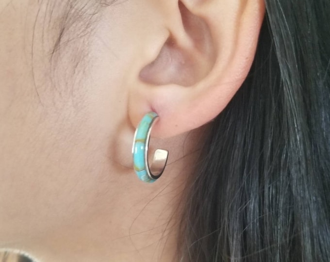 Sterling Silver Hoops. Inlay Turquoise Hoops/small Hoop Earrings/southwestern Hoops/sterling ...