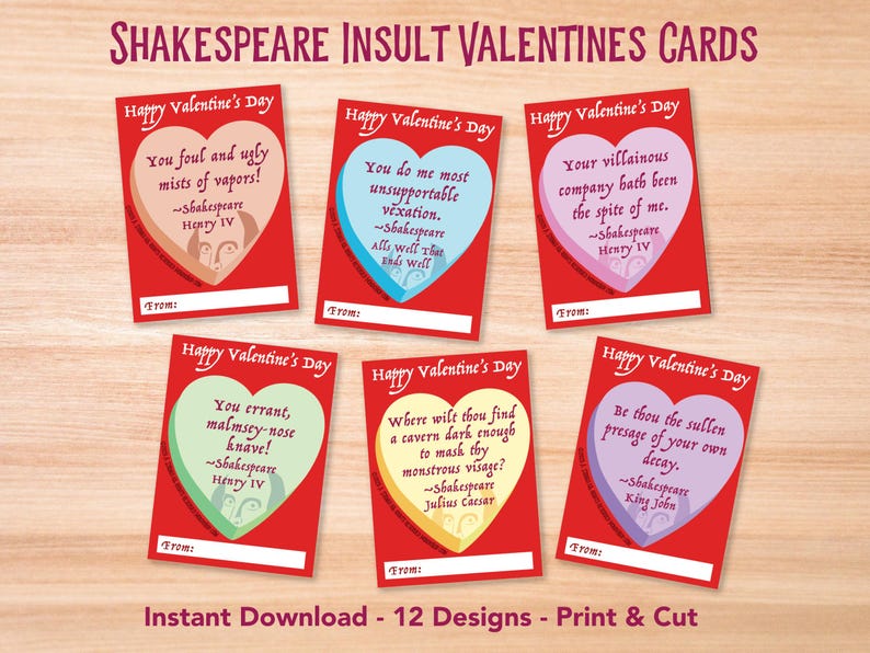Printable Shakespeare Insult Un-valentine's Day Cards, Valentines Day ...