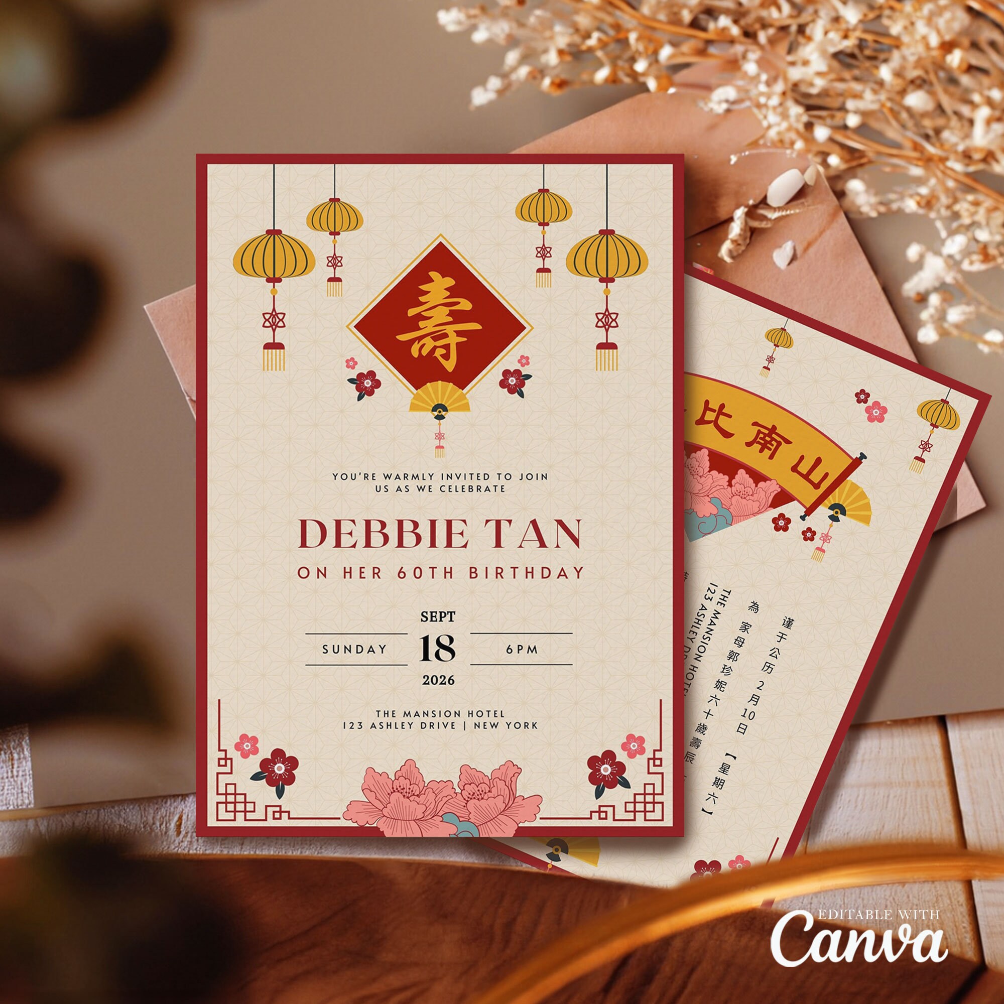 Chinese Longevity Birthday Invitation Card, Asian Oriental Bilingual ...