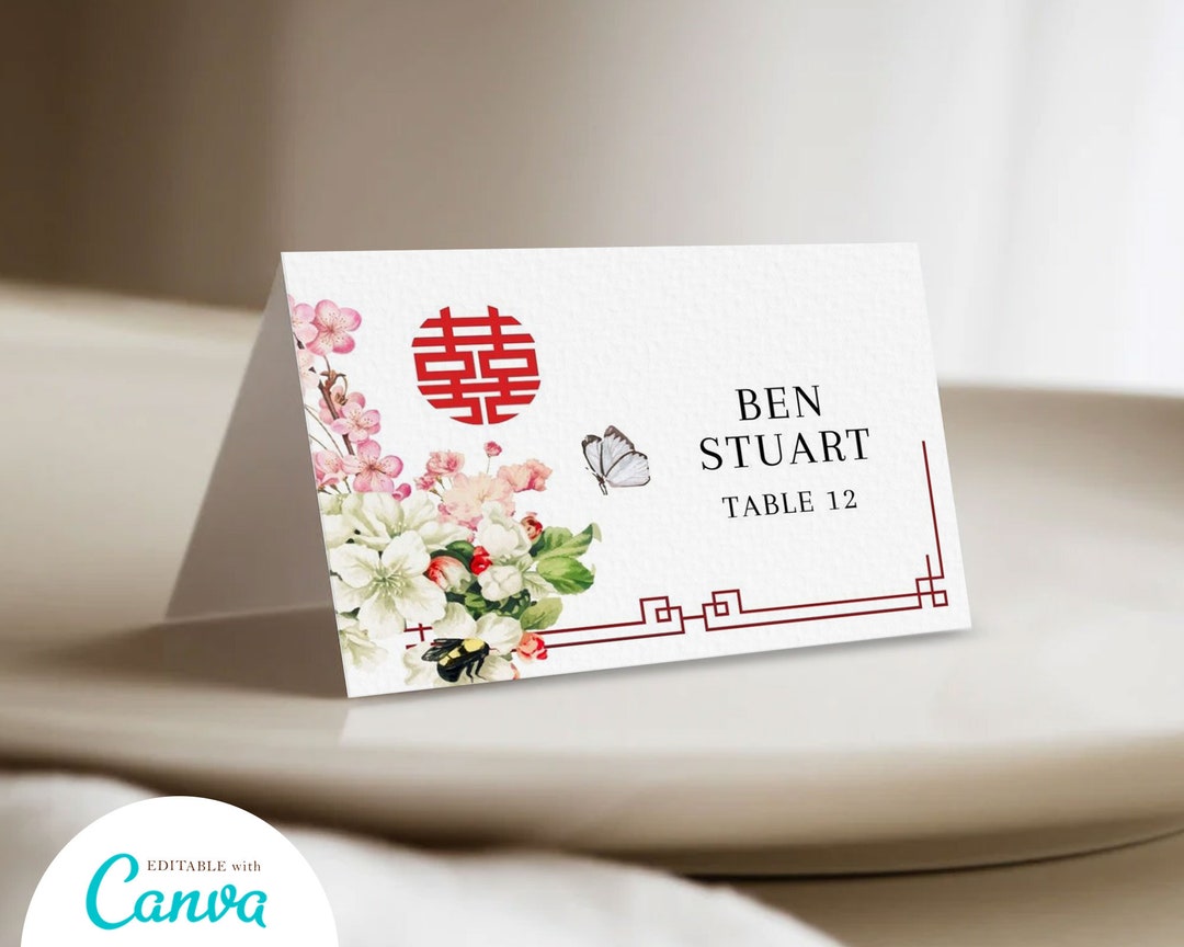 Asian Place Card Template, Printable Chinese Wedding Detail Place Card ...
