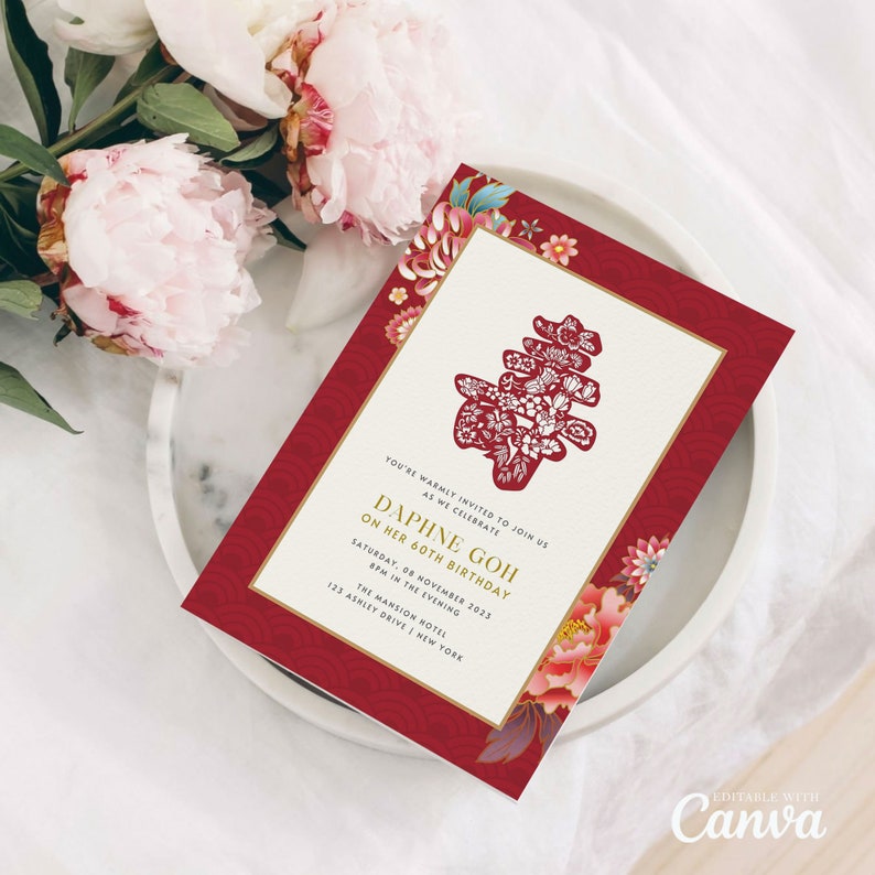 Chinese Longevity Birthday Invitation: Bilingual Red & Gold (DIY ...