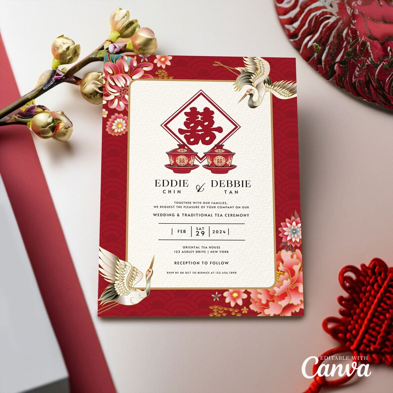 Chinese Tea Ceremony Wedding Invitation: Red Cranes & Floral Canva ...