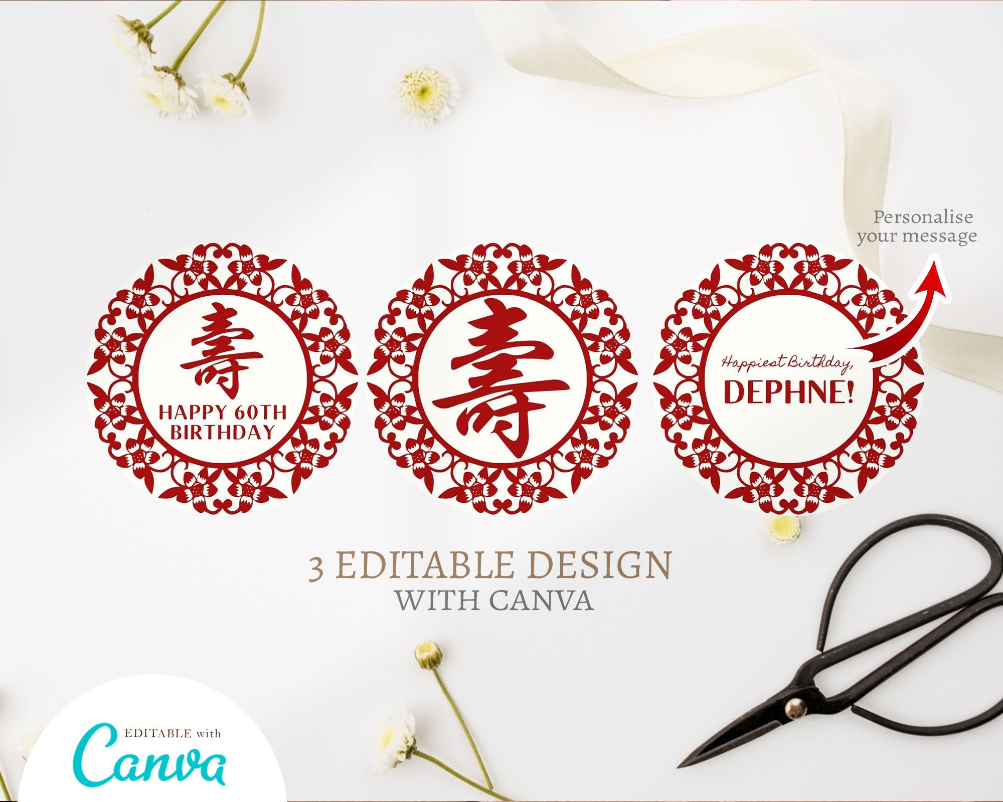 Chinese Longevity Birthday Cupcake Topper DIY Editable Printable With ...