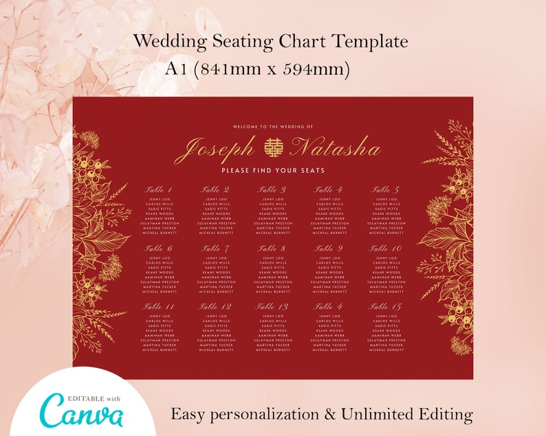Chinese Wedding Seating Chart Board Template Vietnamese - Etsy