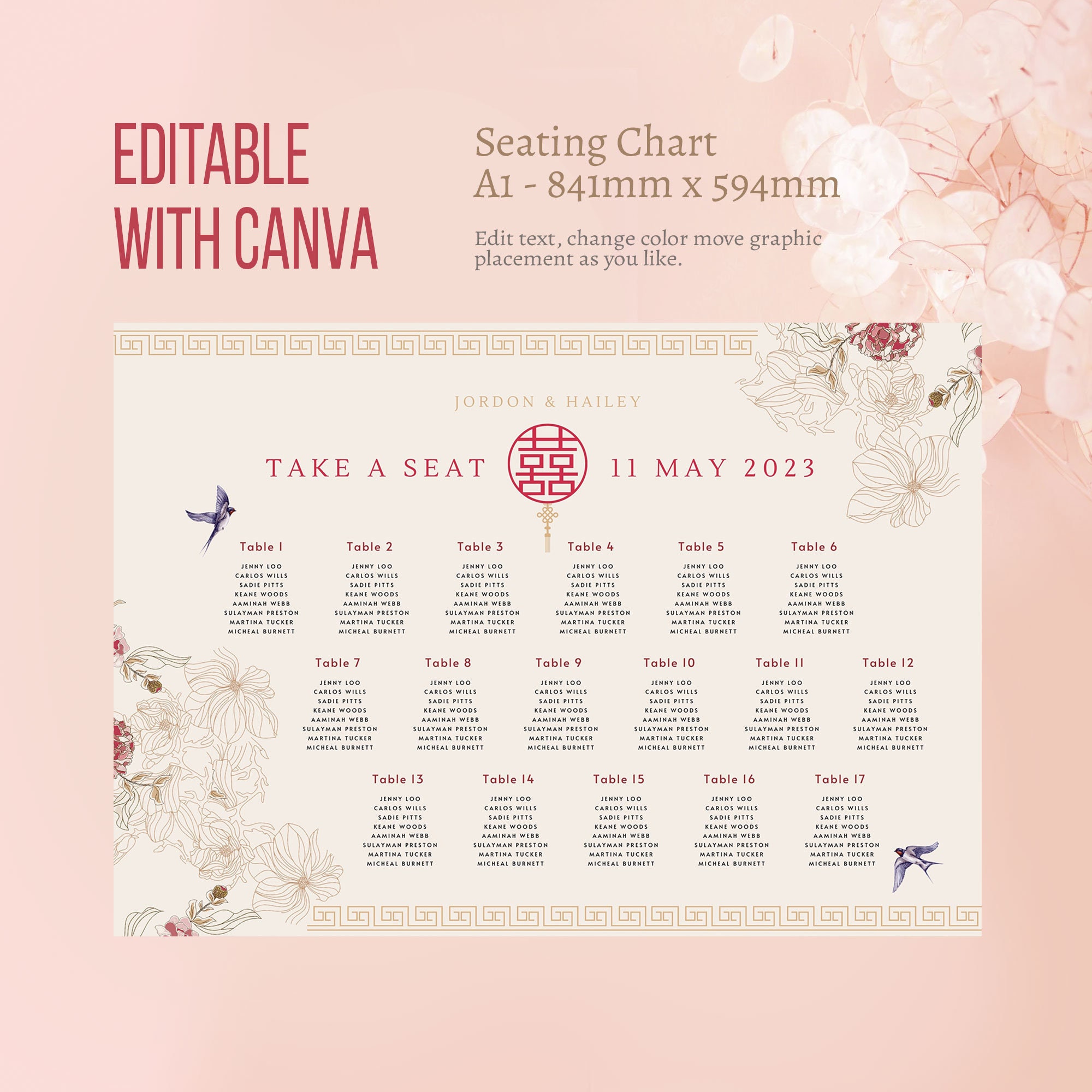 Asian Theme Wedding Seating Chart Board Template for Chinese Vietnamese ...