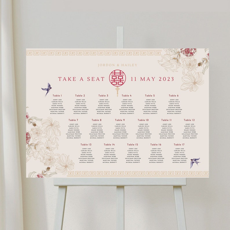 Asian Theme Wedding Seating Chart Board Template for Chinese Vietnamese ...