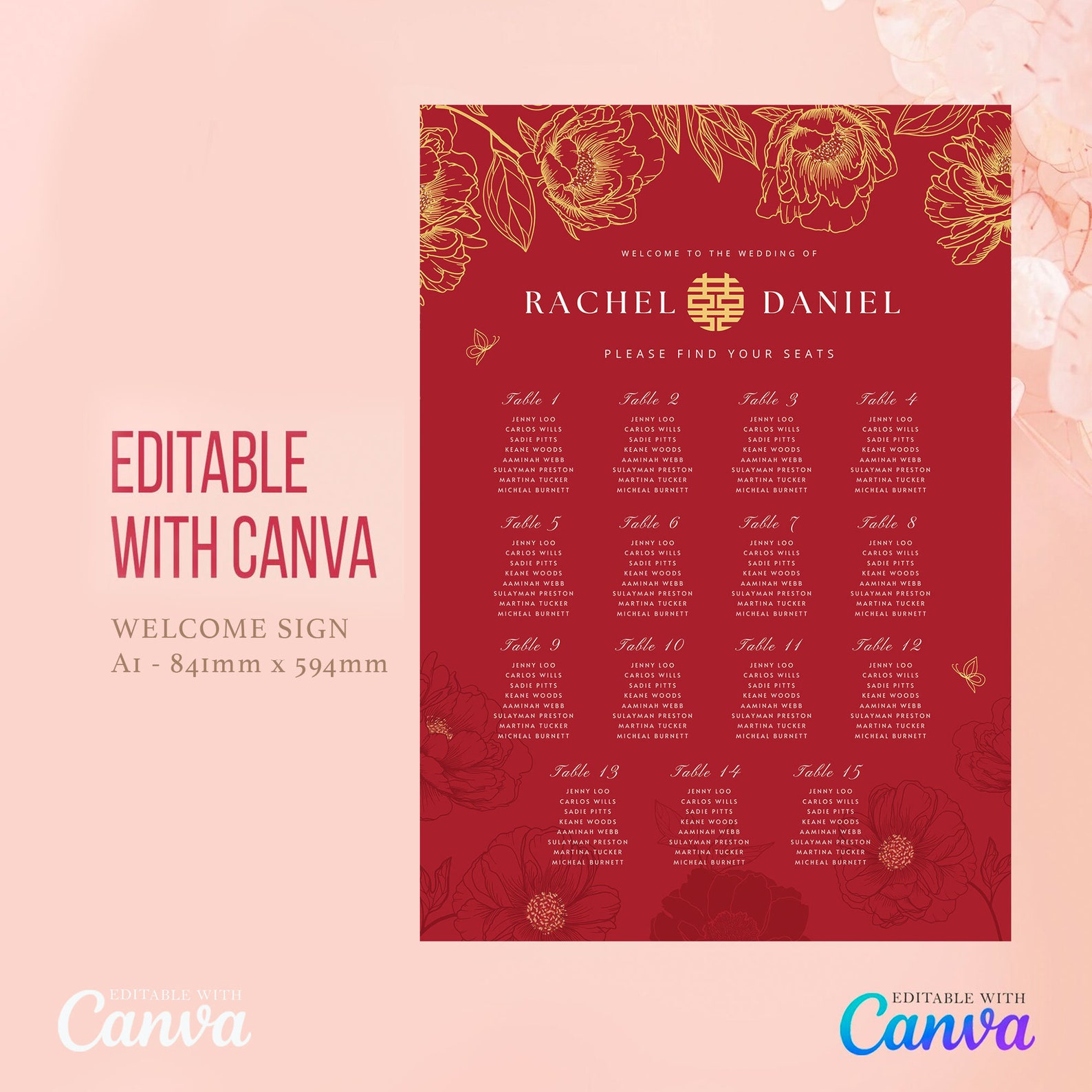 Oriental Chinese Wedding Seating Chart Board Template, Vietnamese ...