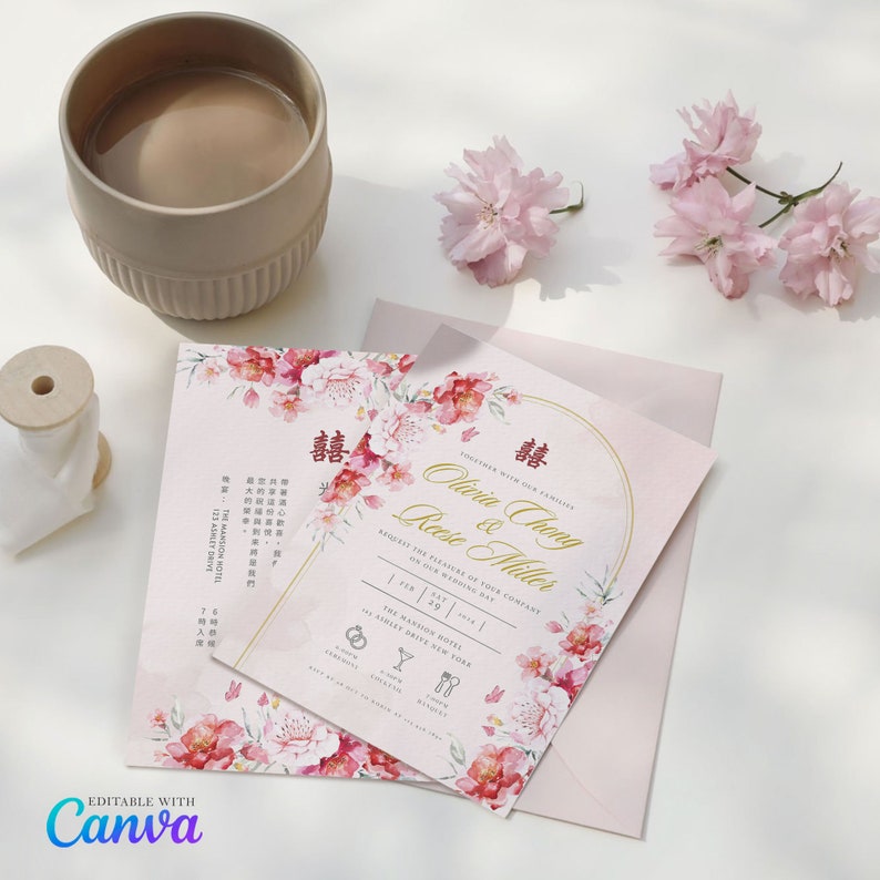 Pink Floral Chinese Wedding Invitation Template With Double Happiness ...