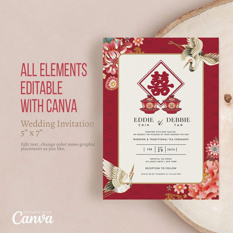 Chinese Tea Ceremony Wedding Invitation: Red Cranes & Floral Canva ...