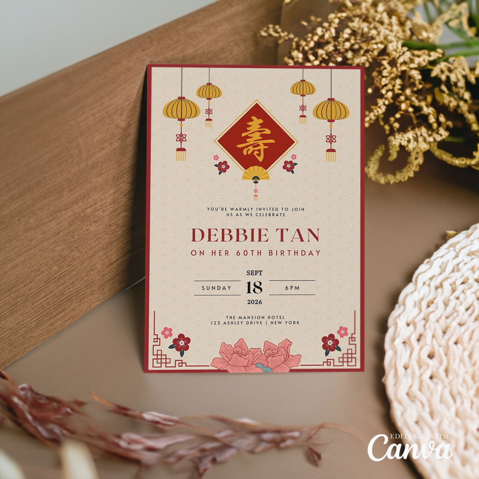 Chinese Longevity Birthday Invitation Card, Asian Oriental Bilingual ...