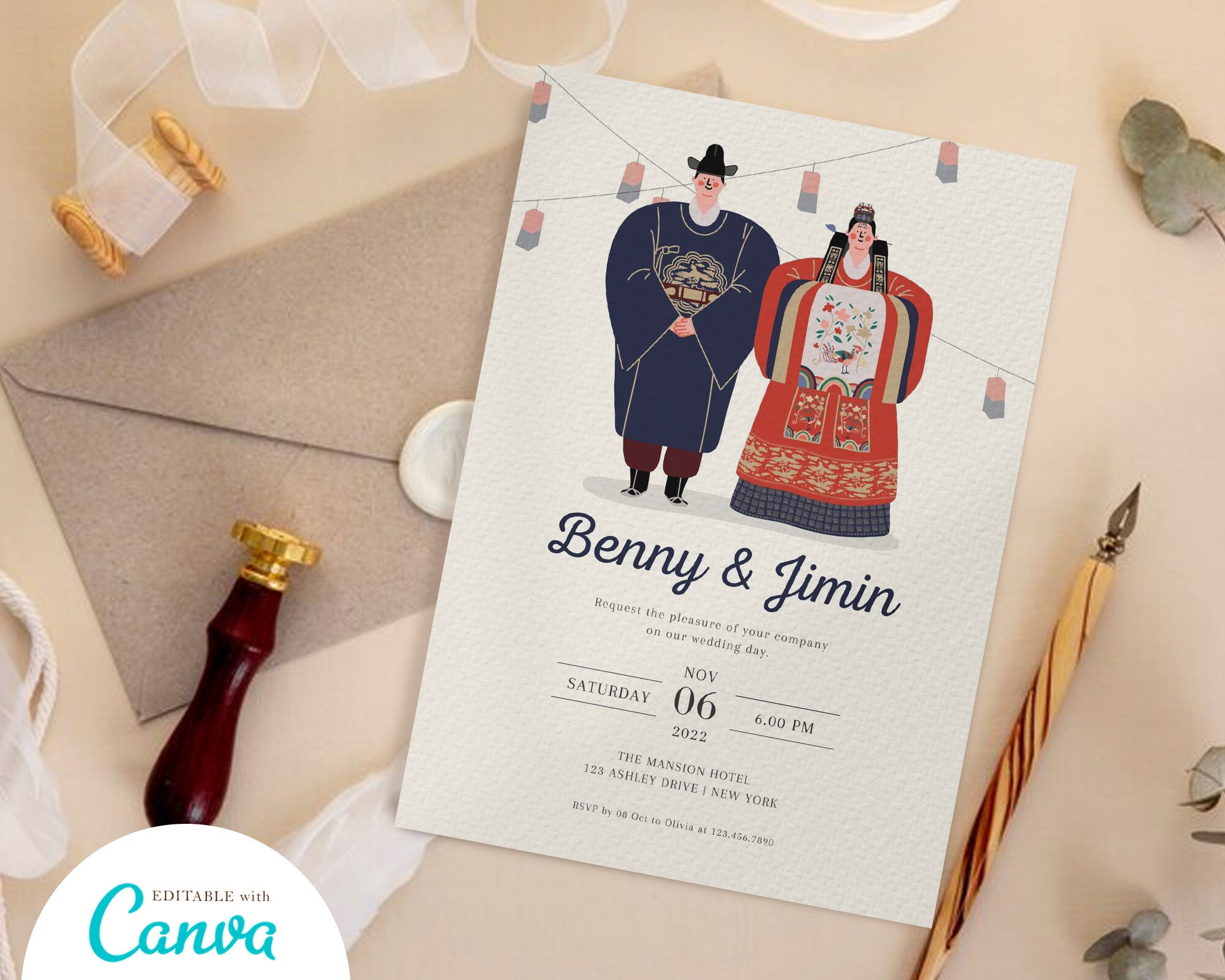 Korean Traditional Wedding Invitation Card Template American - Etsy