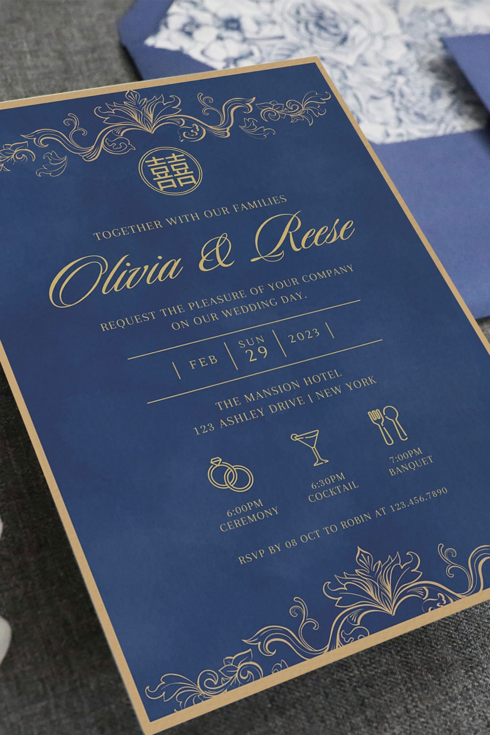 Royal Blue Chinese Wedding Invitation Template, Oriental Minimalist ...