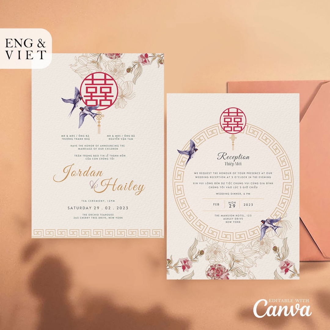 Vietnamese Wedding Invitation Template With Love Birds & Floral ...