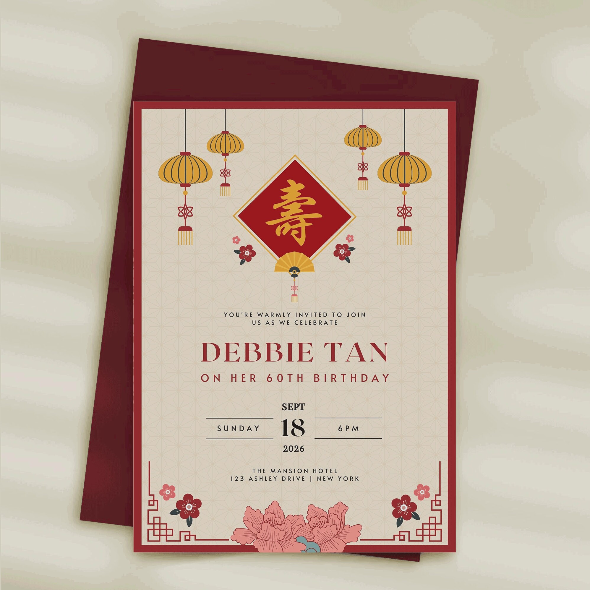 Chinese Longevity Birthday Invitation Card, Asian Oriental Bilingual ...
