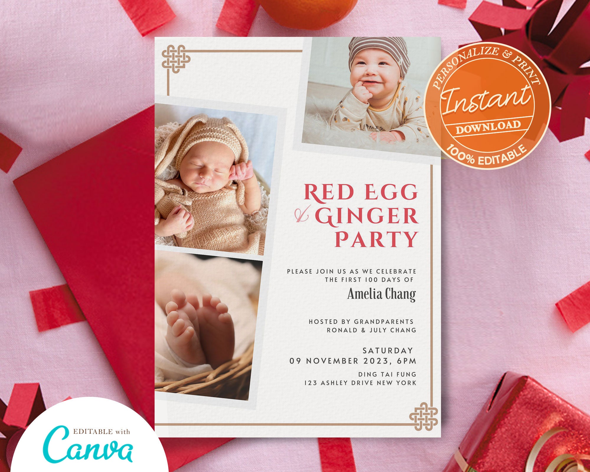 Red Egg Ginger Party Invitation: Chinese Baby 100 Days (DIY Canva ...
