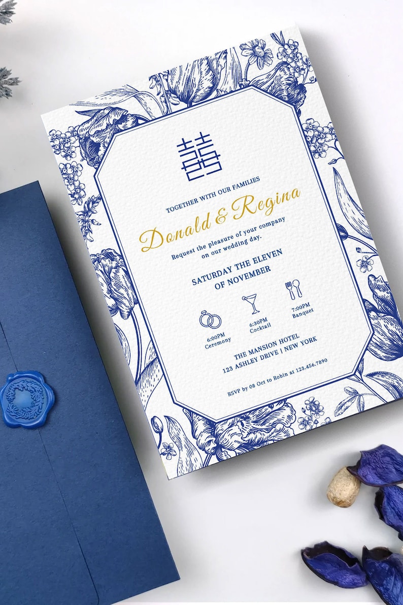 Blue Chinoiserie Wedding Invitation Template for Chinese Wedding ...