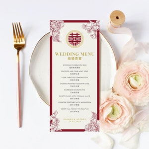 Asian Wedding Menu With Double Happiness Template, Oriental Chinese ...