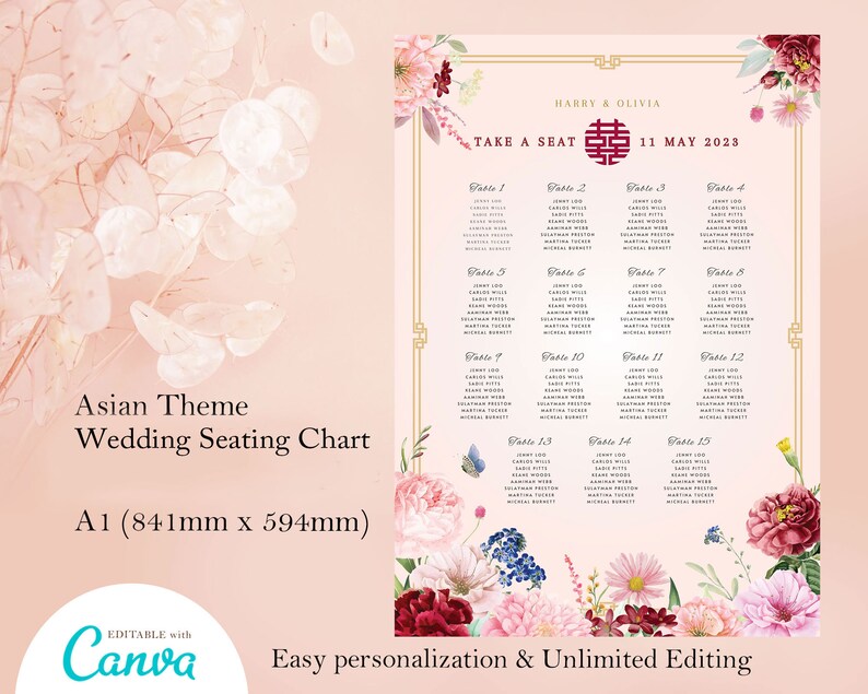 Chinese Wedding Seating Chart Board Template for Asian - Etsy
