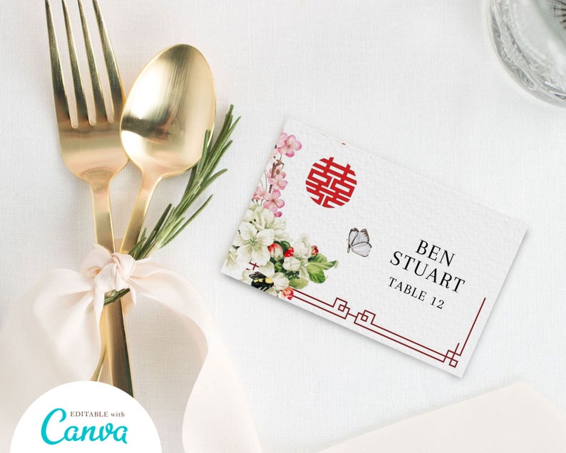 Asian Place Card Template, Printable Chinese Wedding Detail Place Card ...