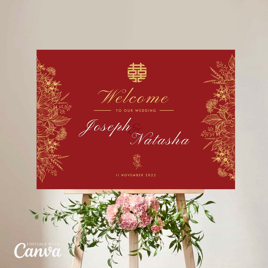 Red & Gold Chinese Wedding Welcome Sign: Floral Double Happiness (DIY ...