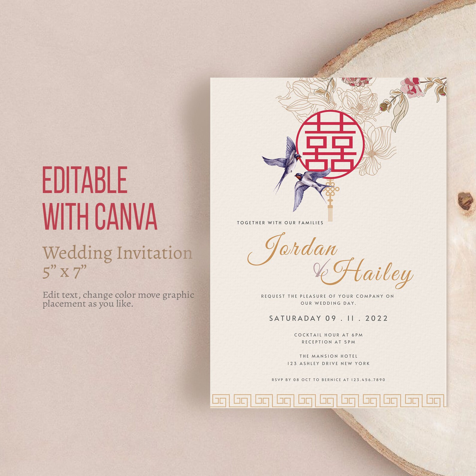 Love Birds Chinese Wedding Invitation, Bilingual Canva Template ...