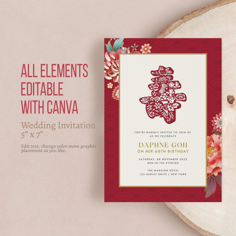 Chinese Longevity Birthday Invitation: Bilingual Red & Gold (DIY ...