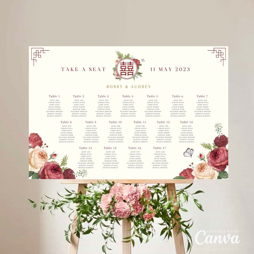 Chinese Wedding Seating Chart: Red Floral Double Happiness (digital ...