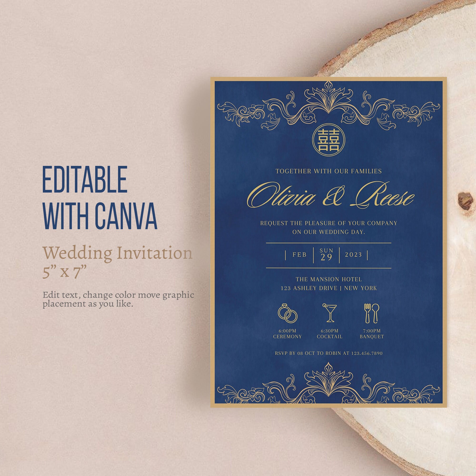 Royal Blue Chinese Wedding Invitation Template, Oriental Minimalist ...