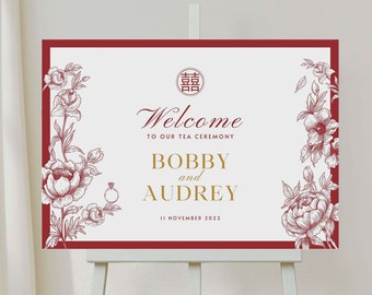 Red & Gold Chinese Wedding Welcome Sign: Floral Double Happiness (DIY ...