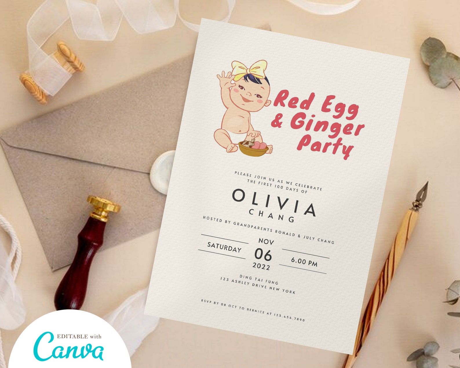 Red Egg and Ginger Party Invitation Card DIY Editable - Etsy
