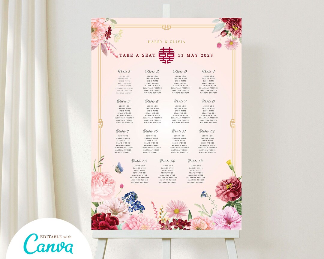 Chinese Wedding Seating Chart Board Template for Asian, Vietnamese ...