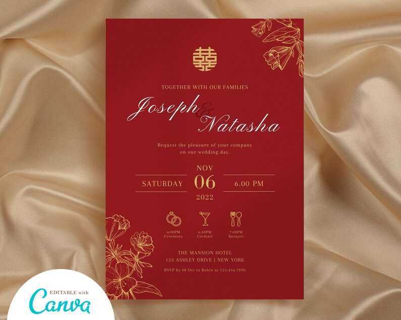 Chinese Wedding Invitation Template Oriental Gold Red Flower - Etsy