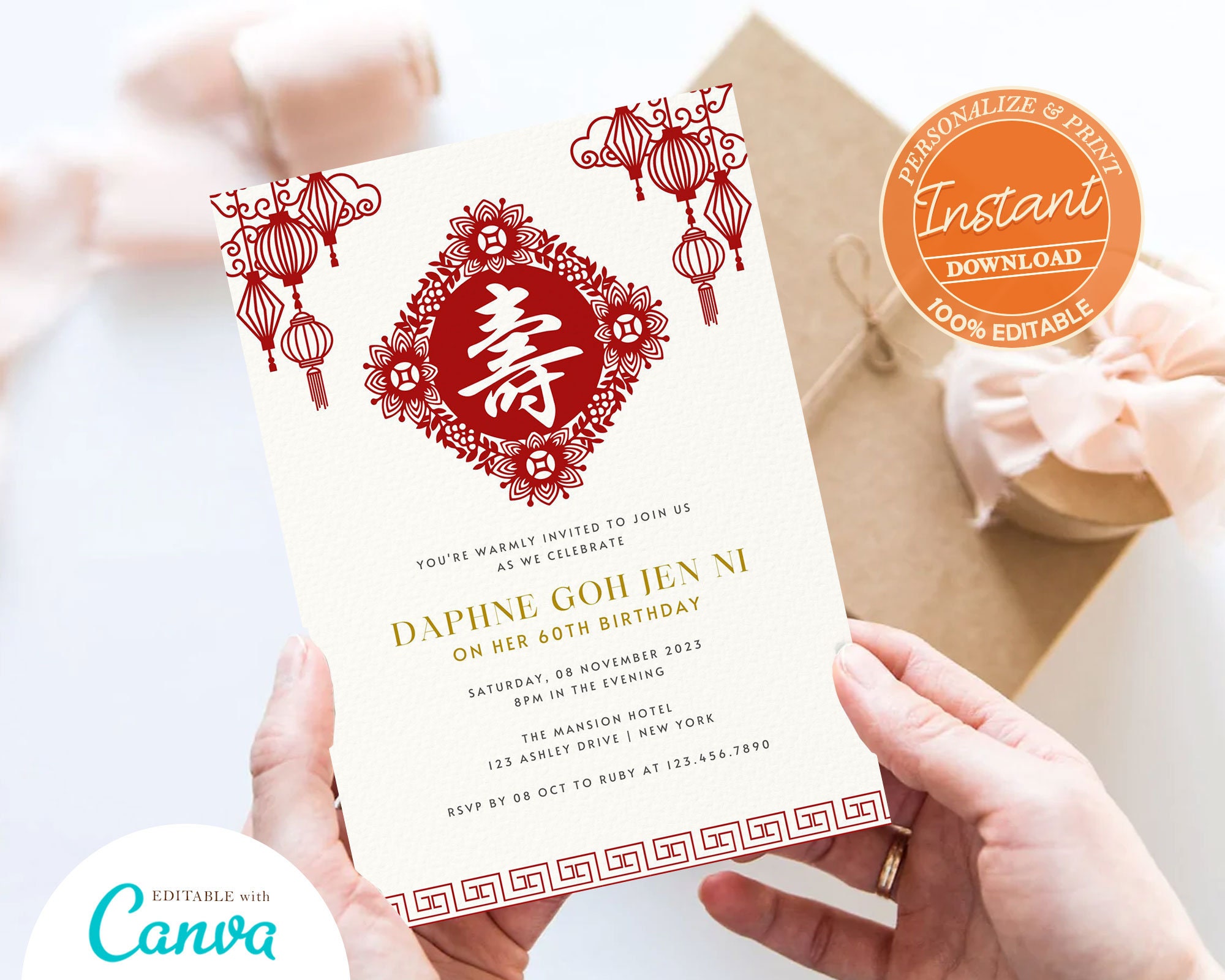 Chinese Longevity Birthday Invitation: Bilingual Oriental Design (DIY ...