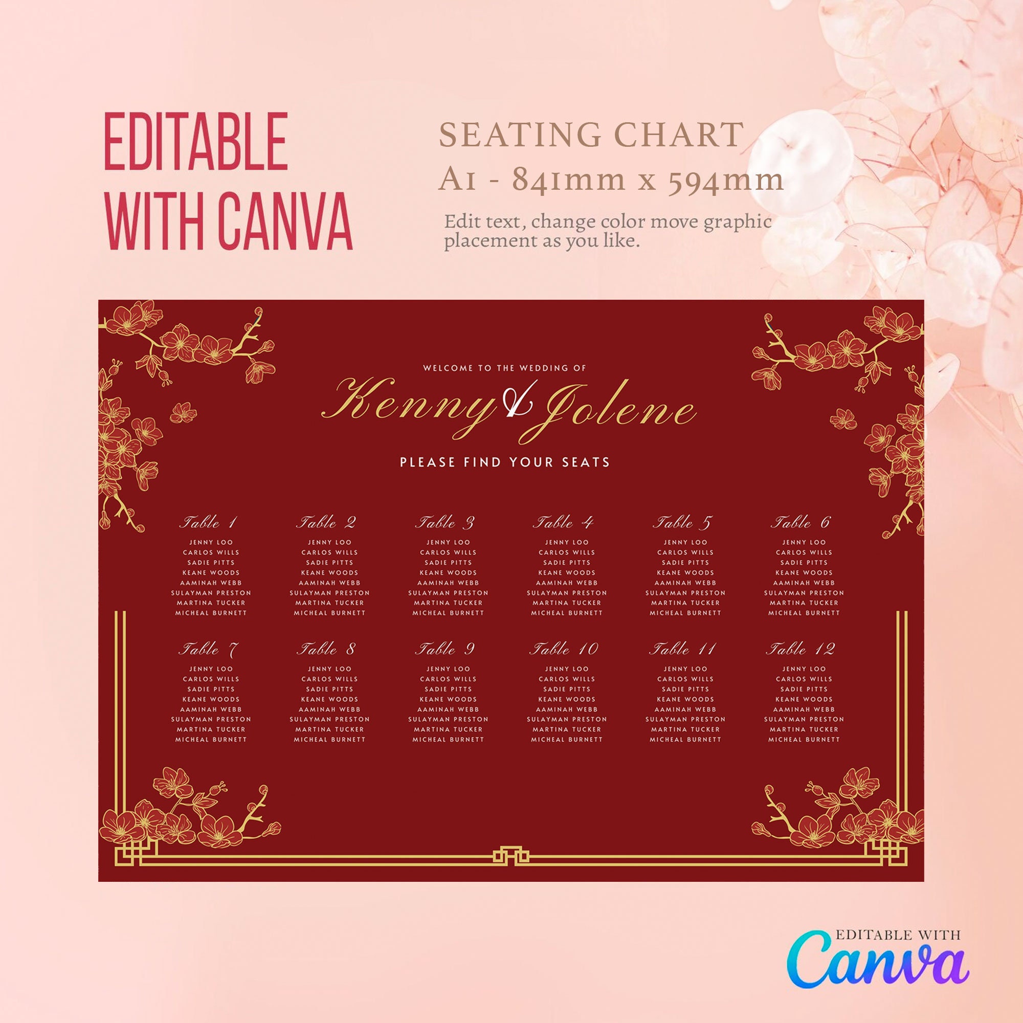 Asian Theme Wedding Seating Chart Board Template, Vietnamese Seating ...