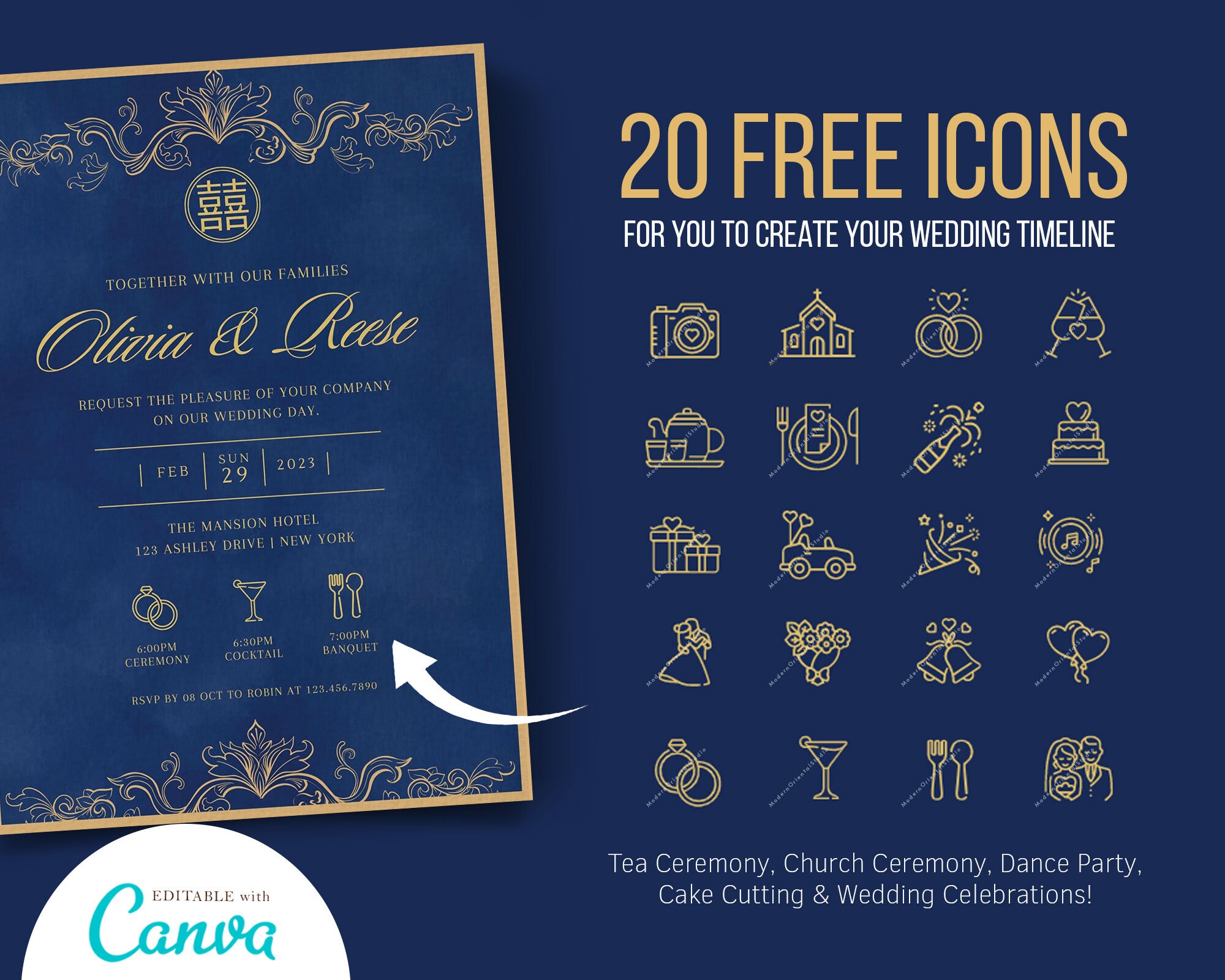 Royal Blue Chinese Wedding Invitation Template, Oriental Minimalist ...