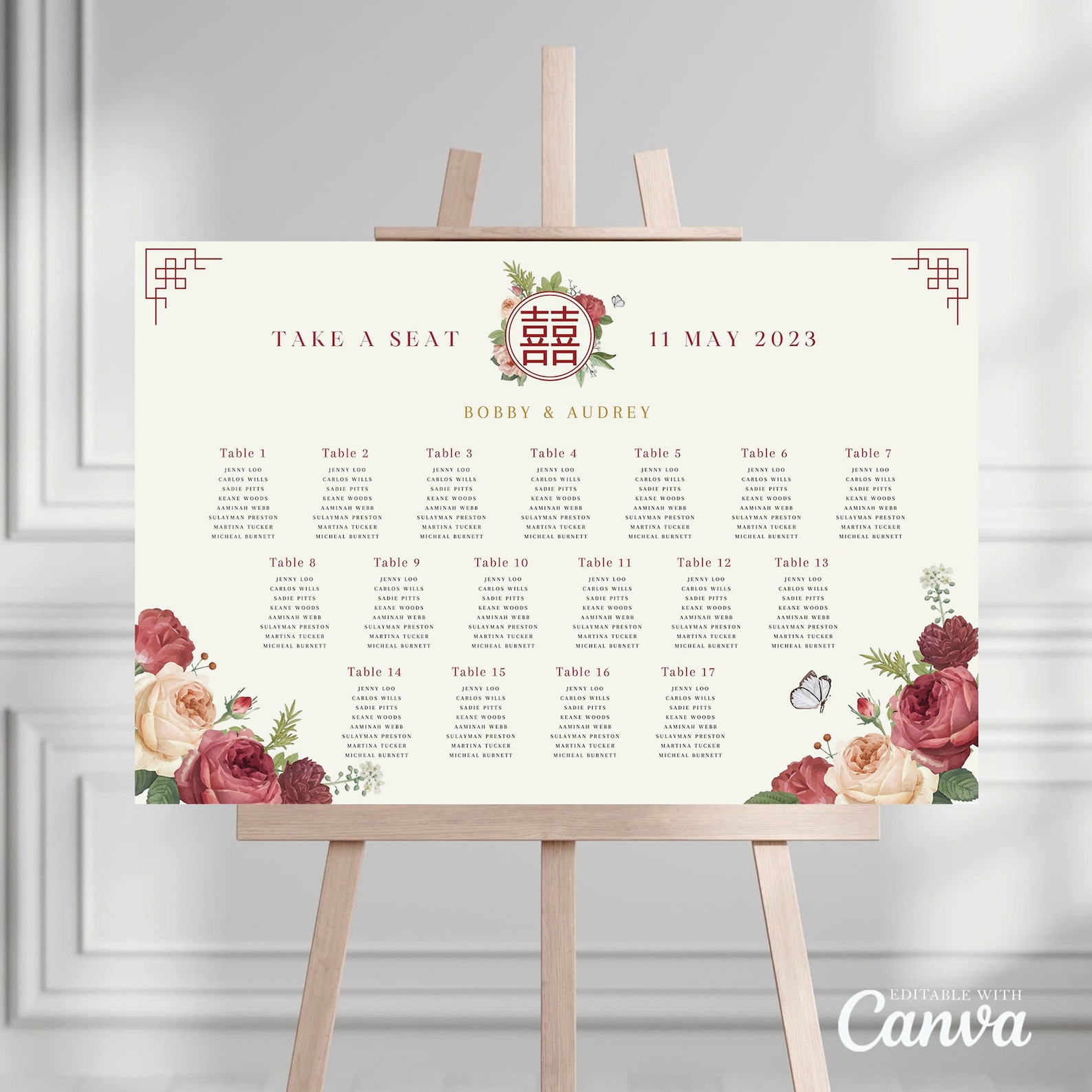 Chinese Wedding Seating Chart: Red Floral Double Happiness (digital ...