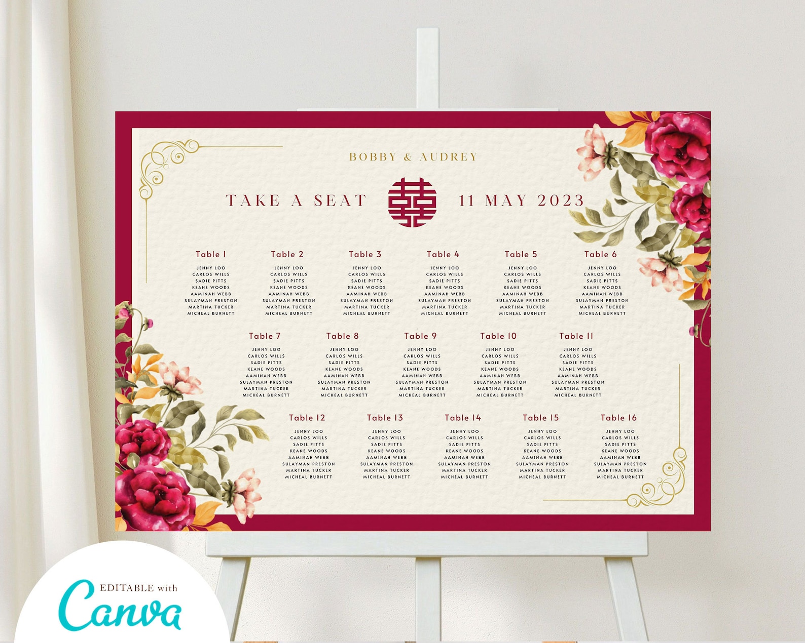 Asian Theme Wedding Seating Chart Board Template for Chinese Wedding ...