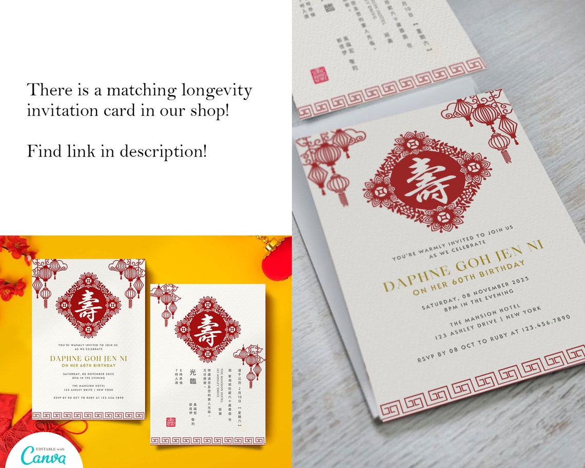 Chinese Longevity Birthday Favor Tag DIY Editable Printable With Canva ...