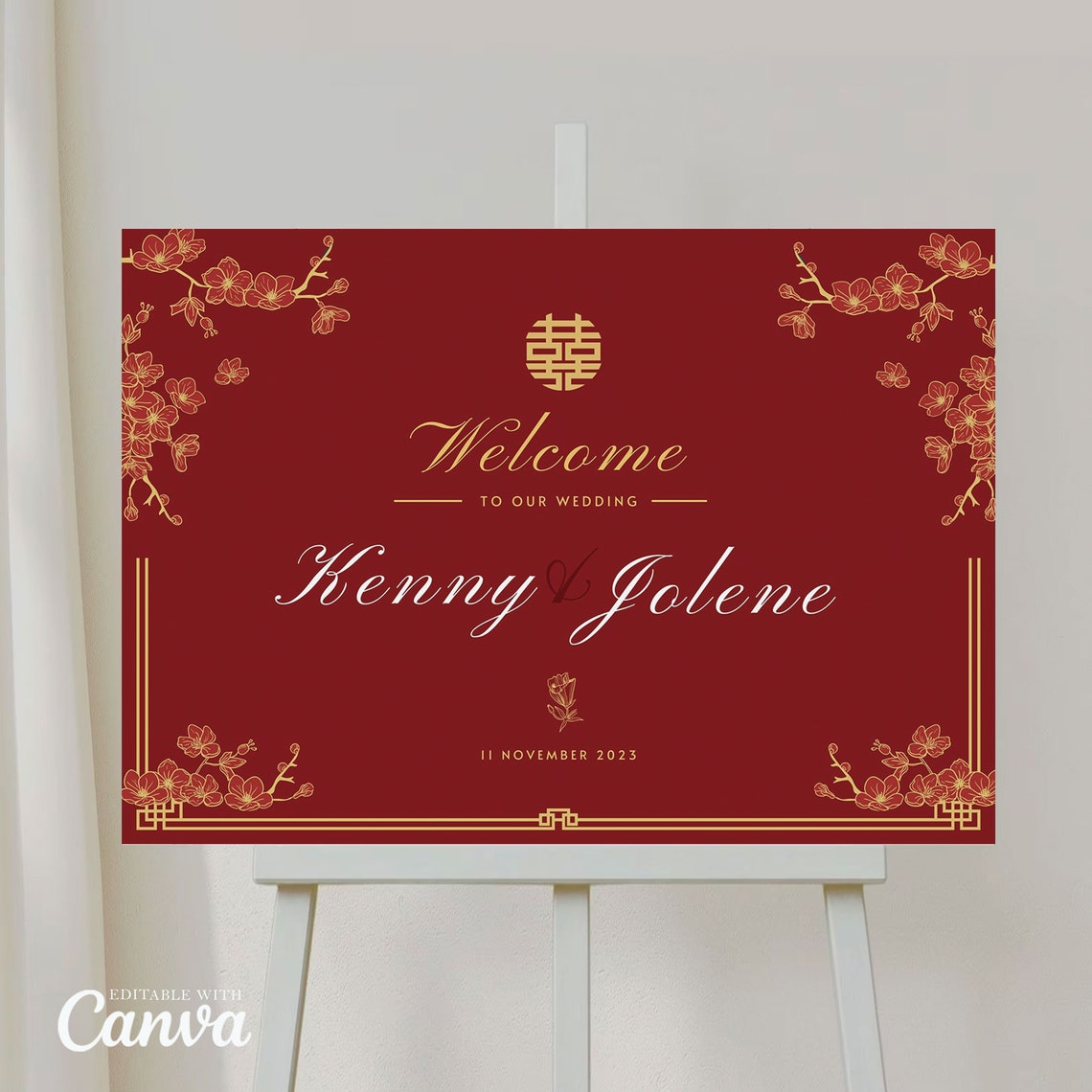 Chinese Wedding Welcome Sign: Red & Gold Cherry Blossom (DIY Printable ...