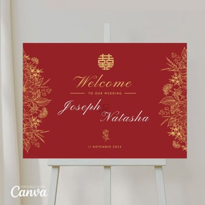 Red & Gold Chinese Wedding Welcome Sign: Floral Double Happiness (DIY ...