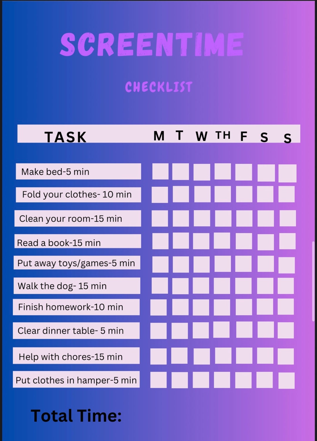 10 Pages Printable Kids Chore Chart, Reward, Screen Time, School ...