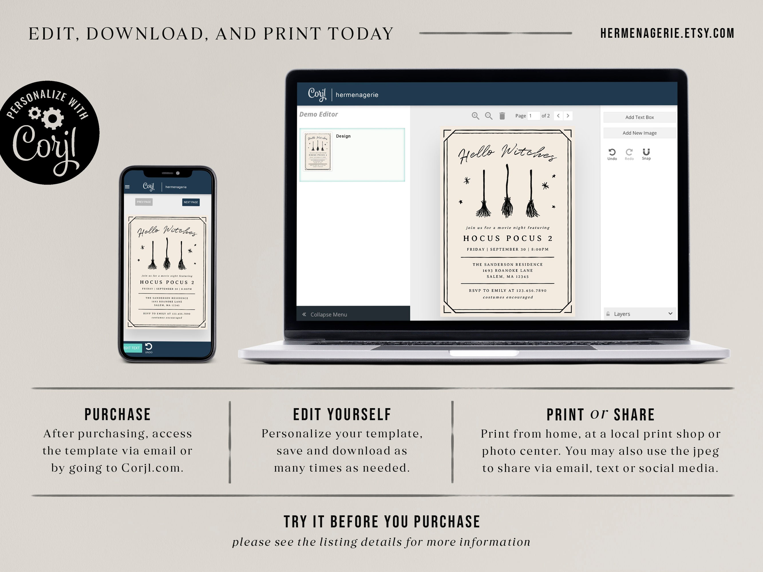 Hello Witches Halloween Invitation Template, Halloween Party Editable ...