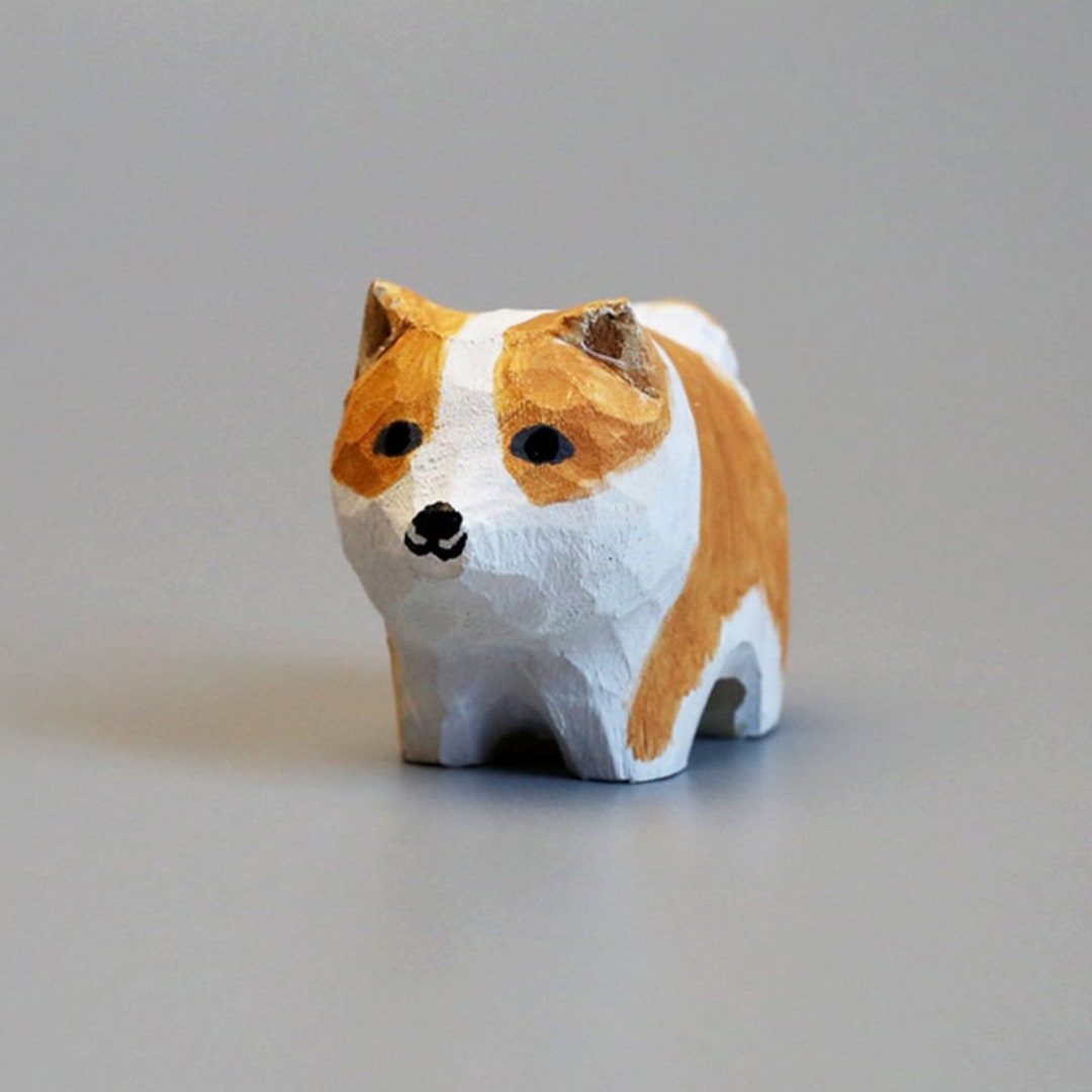 Handmade Wooden Carving Corgi Dog Figurine, Mini Cute Corgi Ornaments ...