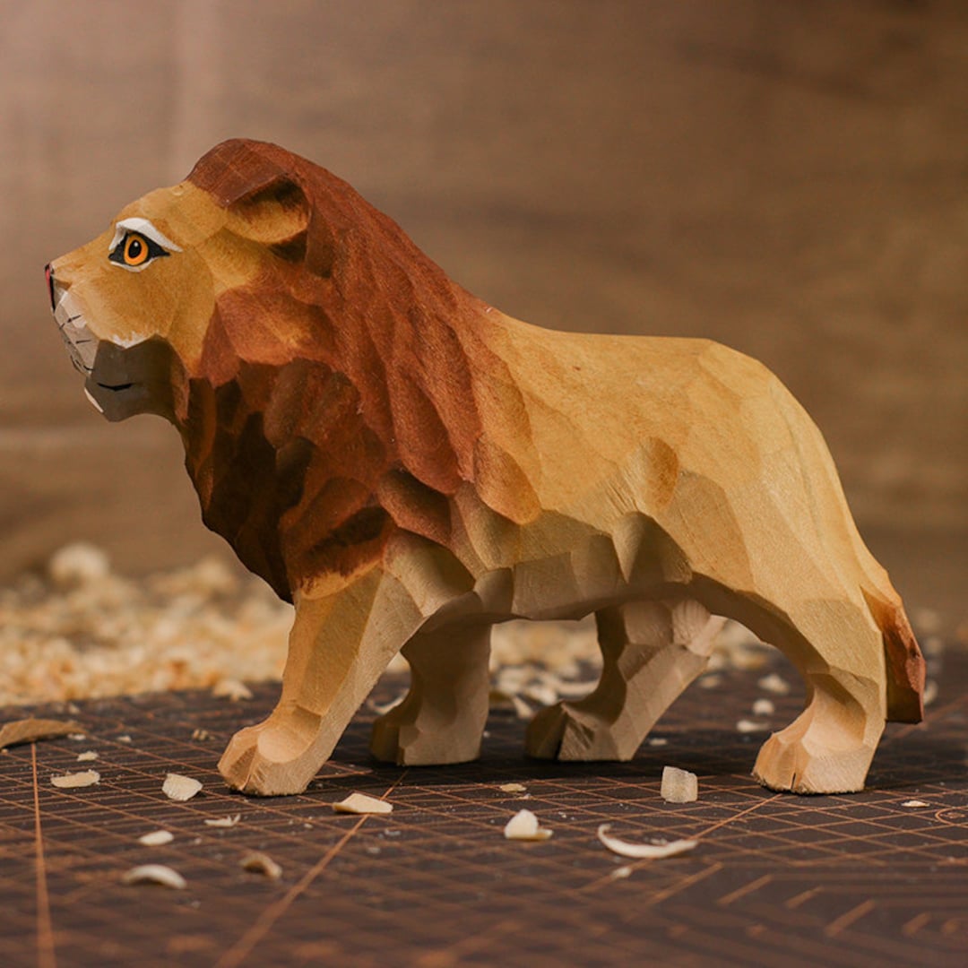 Handmade Wooden Lion Wooden Animal Ornaments Handmade Carving Gifts ...