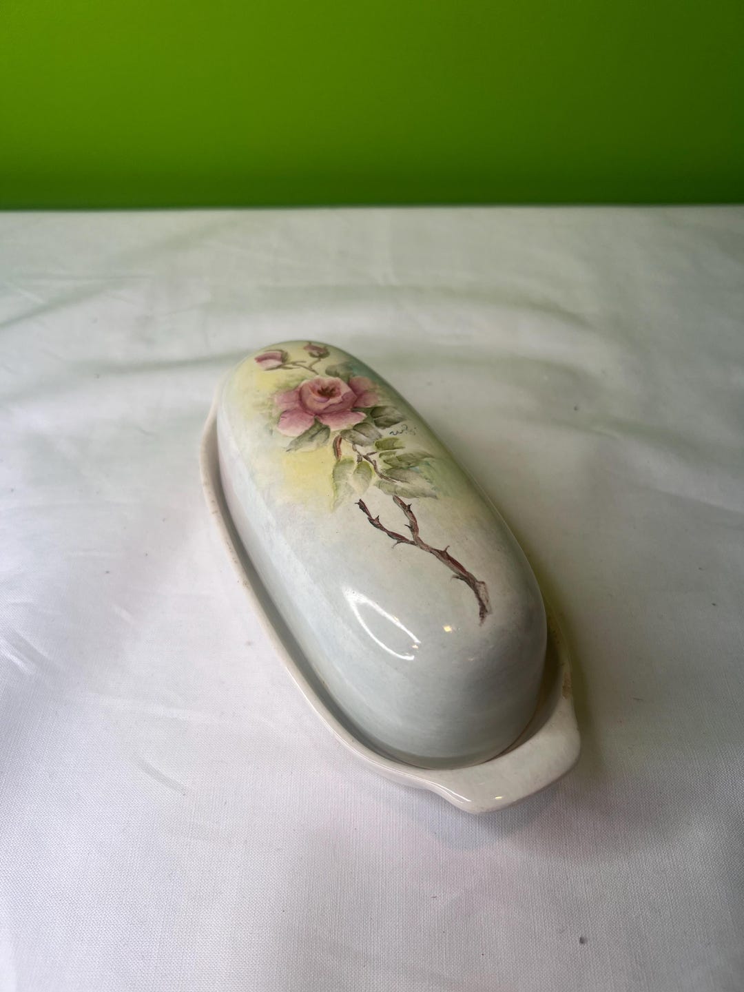 Vintage Ceramic Painted Handled Butter Dish With Dome Lid ~ Floral/rose ...