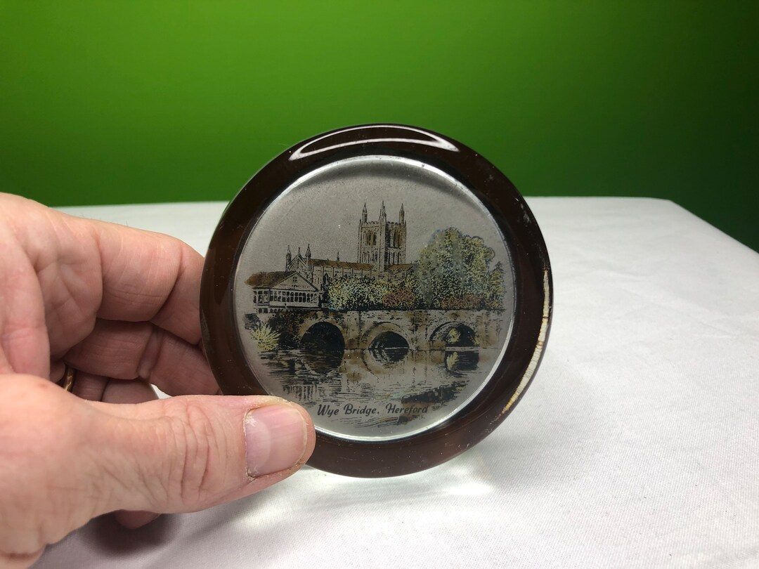 Vintage Heavy Glass Circular Paperweight Image of Wye Bridge Hereford ...