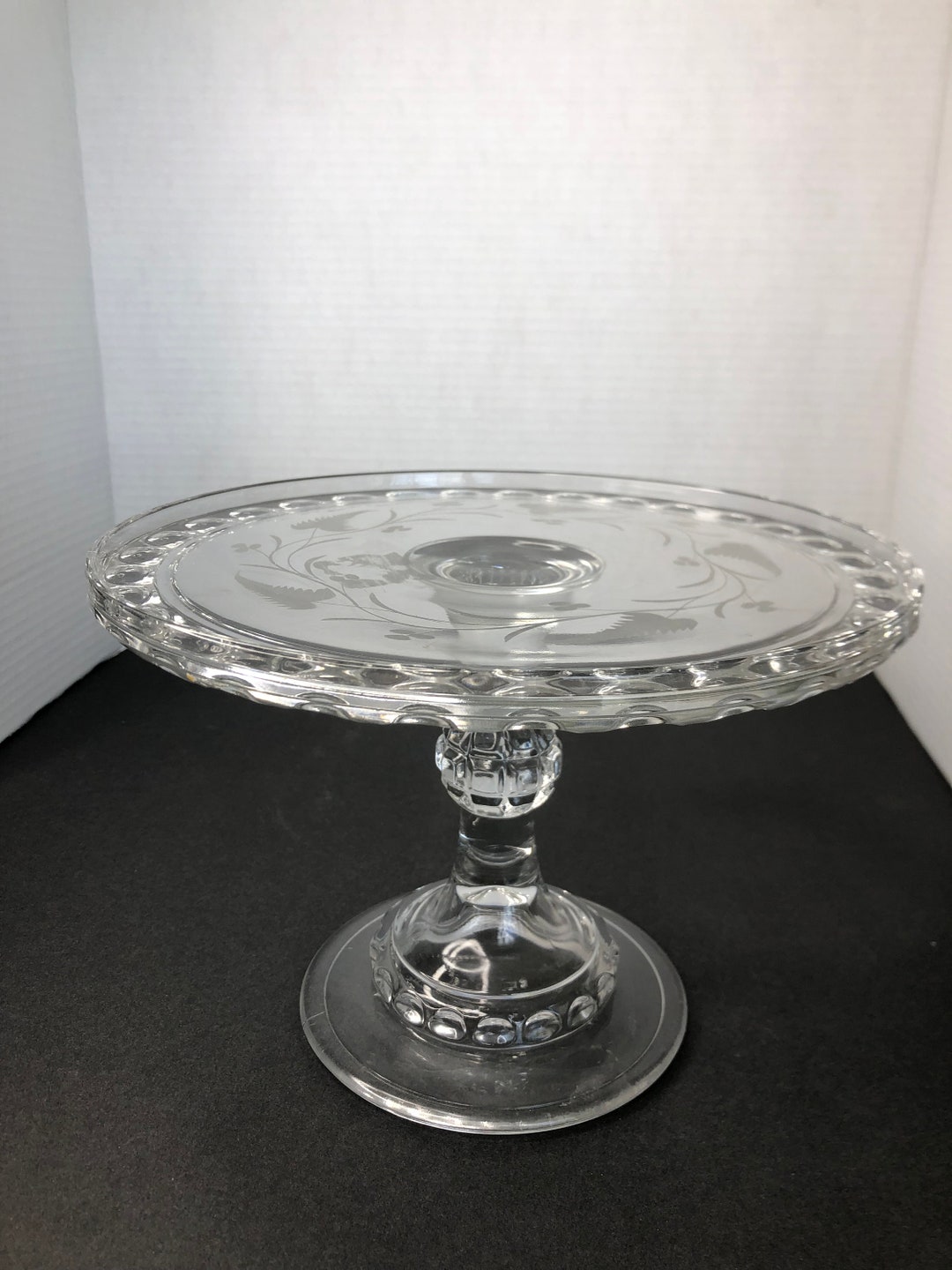Vintage EAPG Dakota Glass Cake Stand Fern Etching Ridley Thumbprint ...